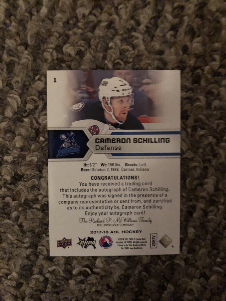 Cameron Schilling 2017/18 Upper Deck AHL Autograph #1 Manitoba Moose Jets | eBay