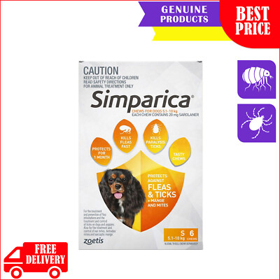 SIMPARICA 6 Chews Orange for Dogs 5.1 to 10 Kg Flea and Tick Prevention ...