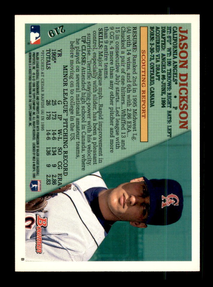 1996 Baseball Bowman Jason Dickson California Angels #219 RC3 | eBay