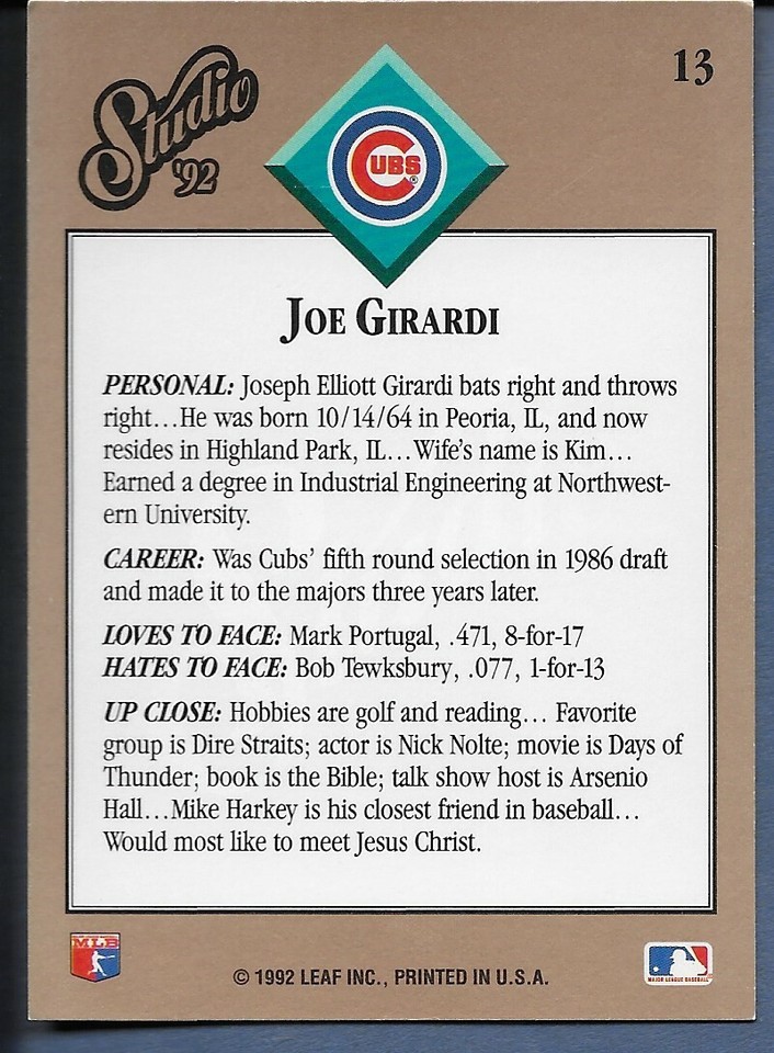 Joe Girardi Chicago Cubs 1992 Leaf Studio Baseball Card #13 | eBay