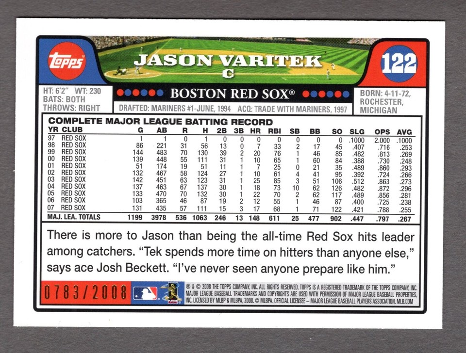 2008 TOPPS GOLD JASON VARITEK CARD #122 **NM-MT** SERIAL #0783/2008 RED ...