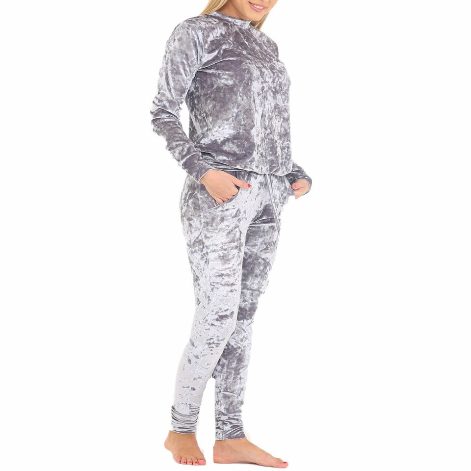 WOMENS LADIES VELVET VELOUR CRUSHED 2PCS JOGGING TOP LOUNGEWEAR ...