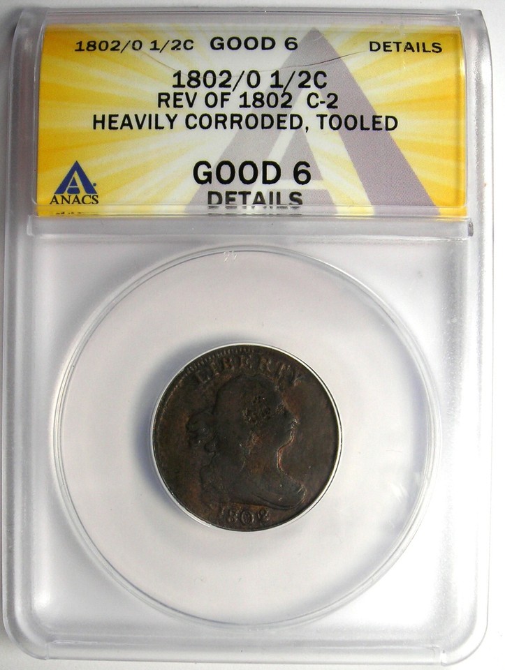 1802/0 Draped Bust Half Cent 1/2C - Certified ANACS Good 6 Details ...