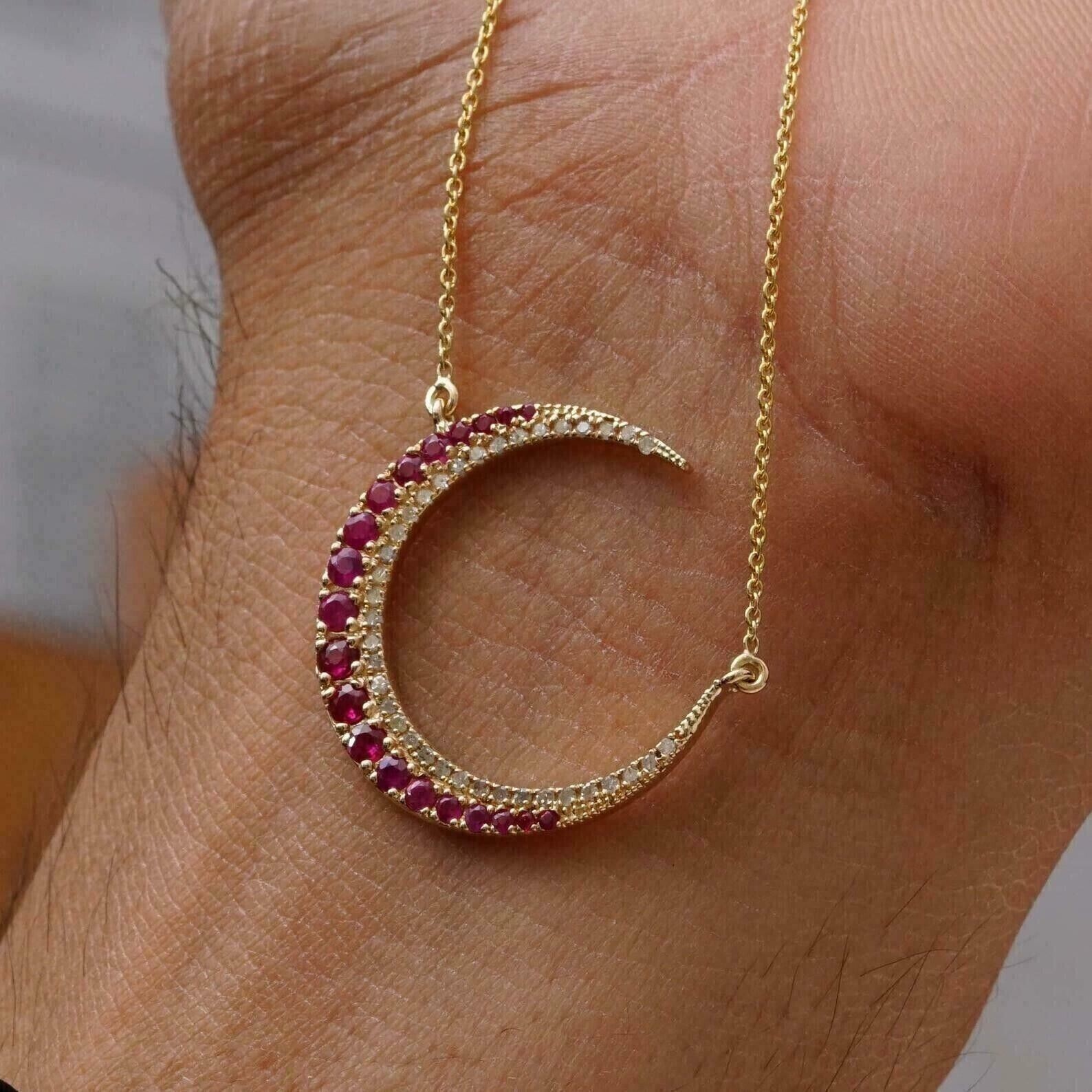 1.50Ct Round Lab Created Pink Ruby Crescent Moon Pendant 14K Yellow Gold Plated | eBay