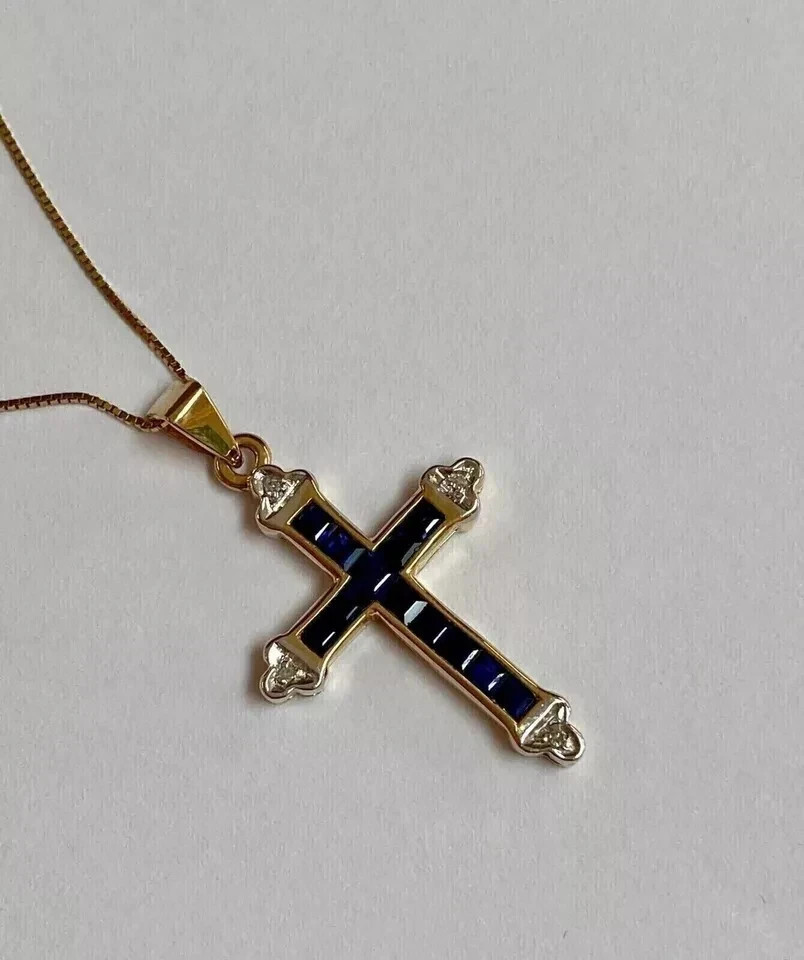 2Ct Lab Created Blue Sapphire Cross Pendant Necklaces 14k Yellow Gold ...