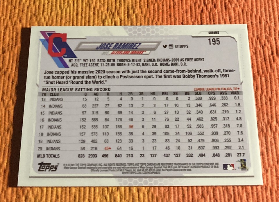 2021 Topps Chrome Jose Ramirez Prism Refractor Card #195 Guardians | eBay