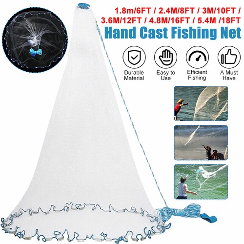 6ft-18ft Fishing Cast Net Quick Throw Nylon Mesh Drawstring Chain ...