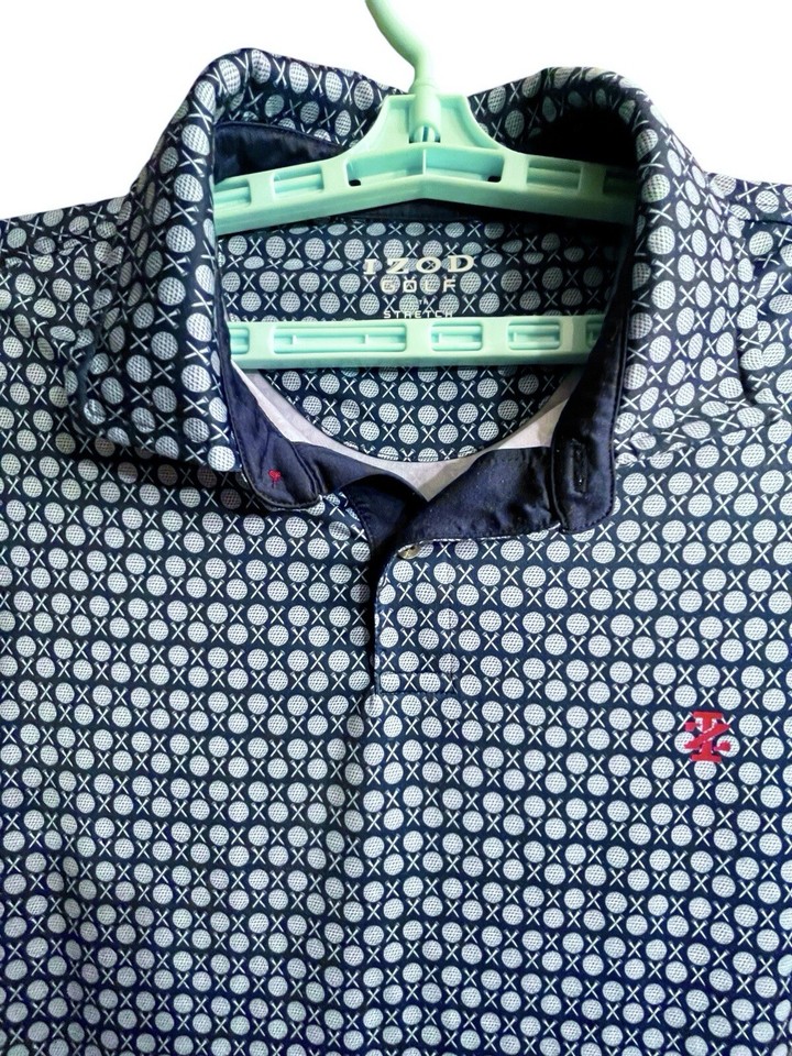 Izod Mens Golf Stretch Blue Golf Pattern Print Short Sleeve Polo Shirt ...
