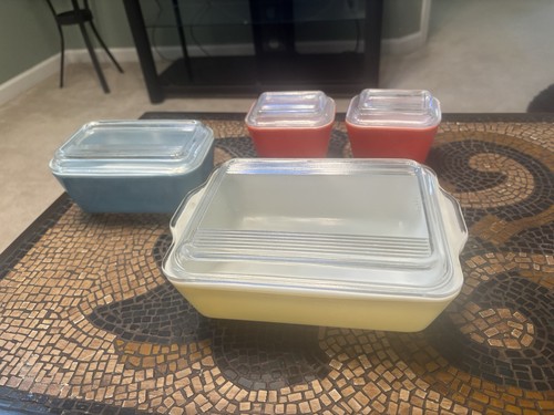 VINTAGE PYREX PRIMARY COLORS 8PC COMPLETE SET REFRIGERATOR DISHES 501-2 ...