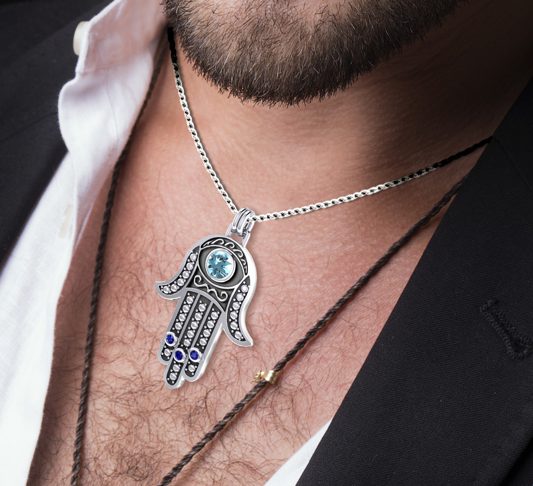 New Men's 1 5/8in 0.925 Sterling Silver Hamsa Protection Amulet Pendant ...