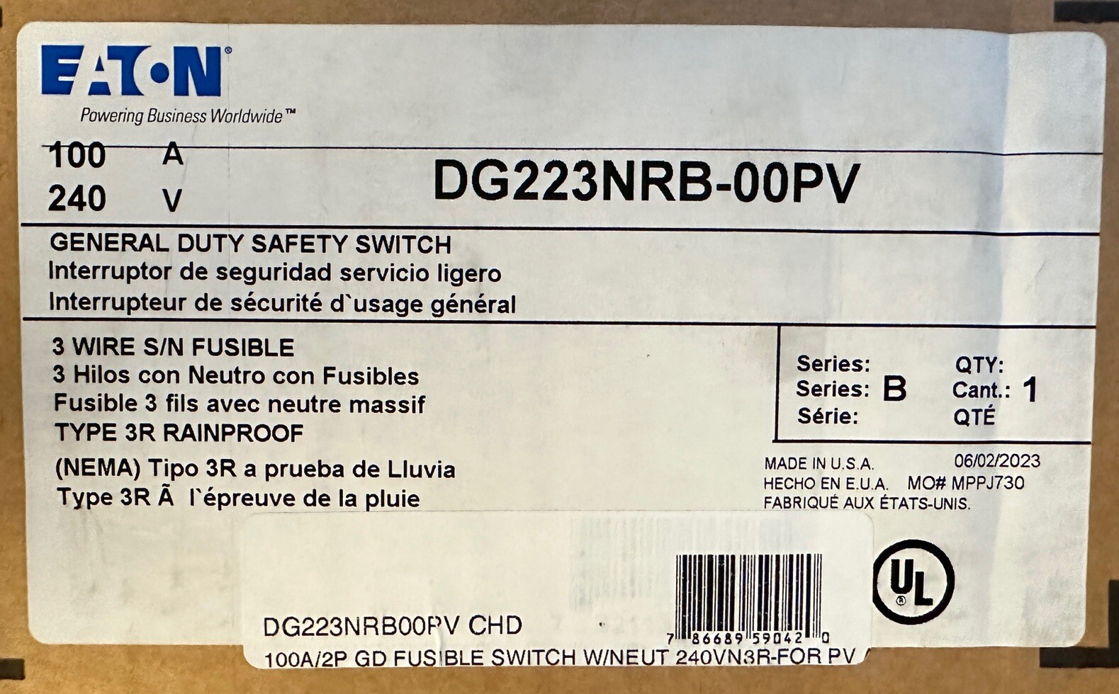 NEW Eaton DG223NRB-00PV 100A 2Ph GD Fusible Switch w Neutral 240V Nema ...