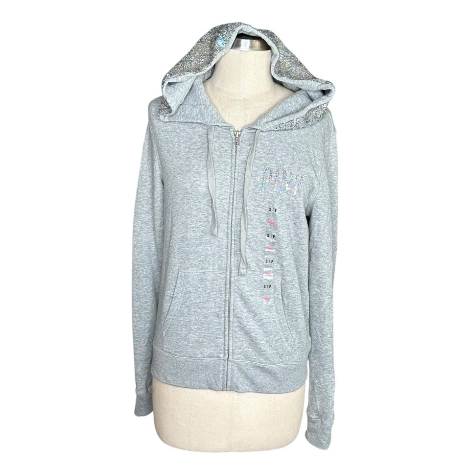 VICTORIAS SECRET VS PINK Gray Sequin Hooded Sweatshirt Women's Size ...