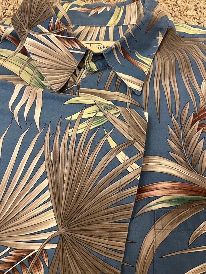 New Men's Tori Richard Button Down Shirt L Blue Brown Palm Print Hawaii ...
