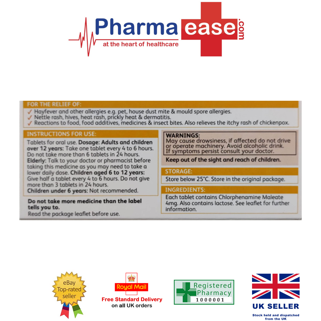 Chlorphenamine antihistamine 4mg Tablets 28 - (like Piriton) Hayfever ...