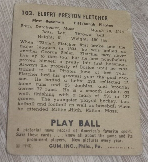 1940 Play Ball (R335) #103 Elbert "Elbie" Fletcher, Pittsburgh Pirates ...