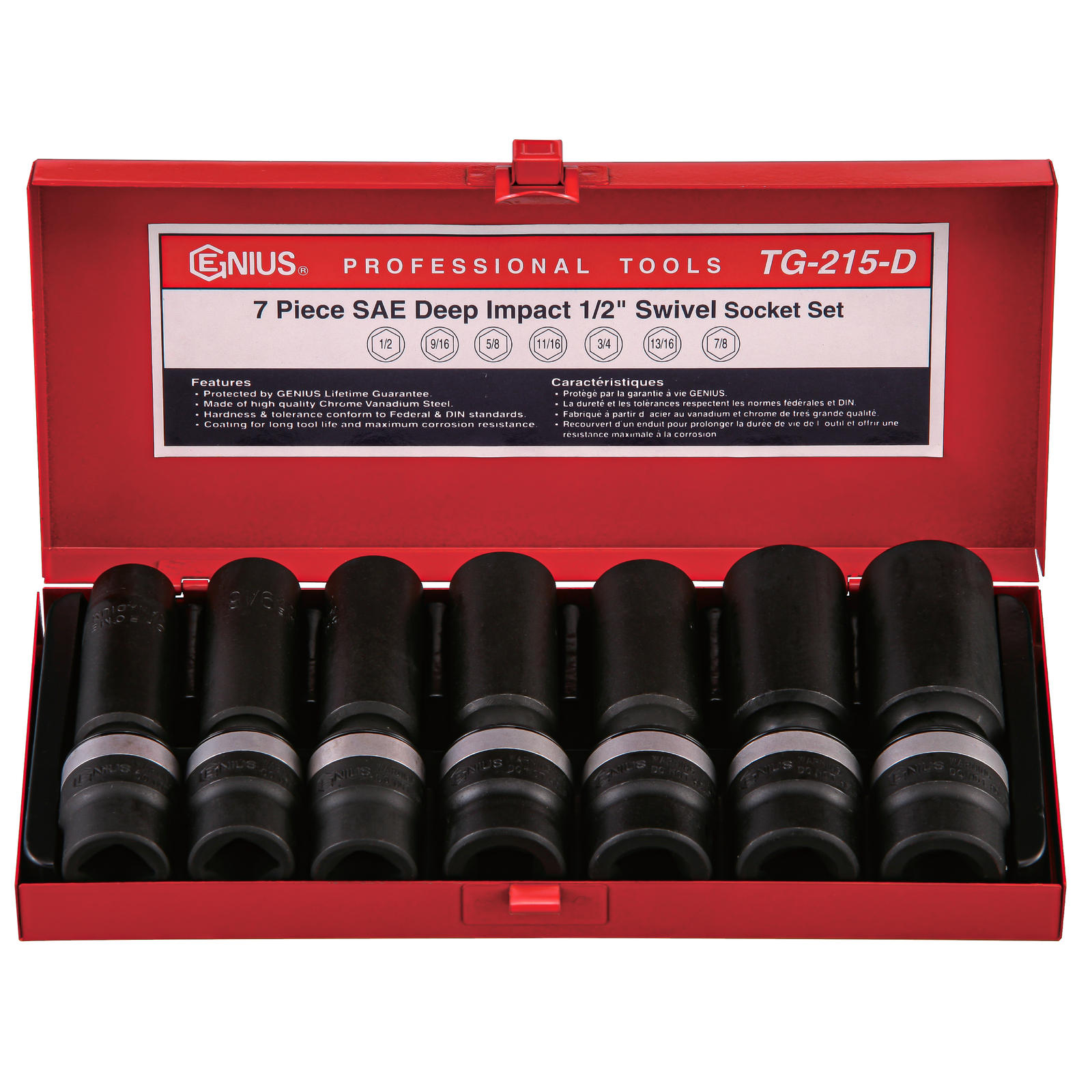 Genius Tools 7 Piece 1/2" Dr. SAE Deep Swivel Impact Socket Set - TG ...