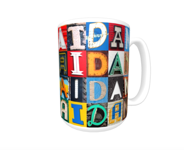 AIDAN Coffee Mug / Cup featuring the name in photos of sign letters | eBay