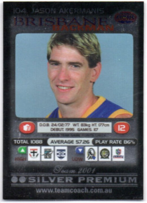 2001 AFL TEAMCOACH SILVER PREMIUM CARD - 104 Jason AKERMANIS (BRISBANE ...