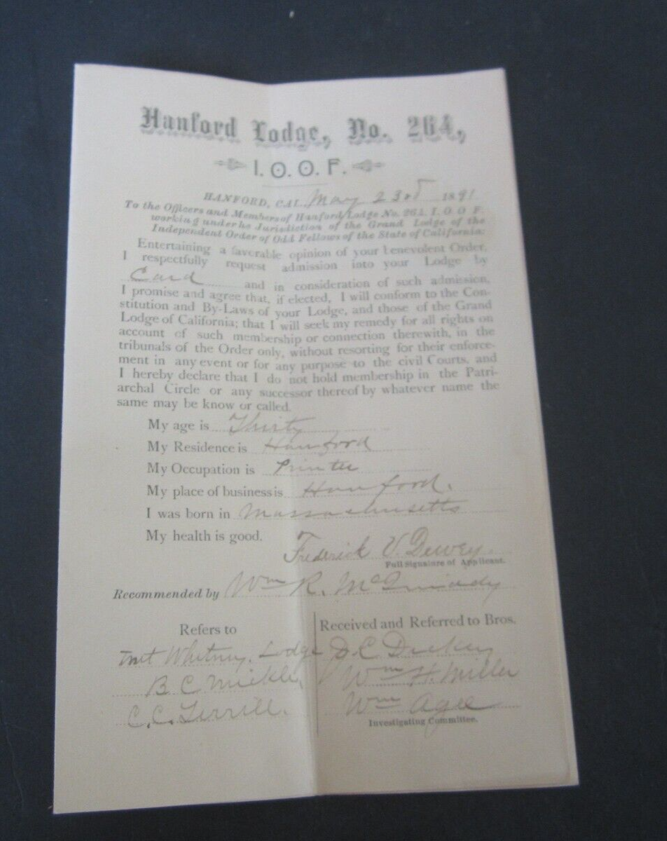 Old 1891 - HANFORD LODGE No. 264 - CA. - Membership Application - IOOF ...