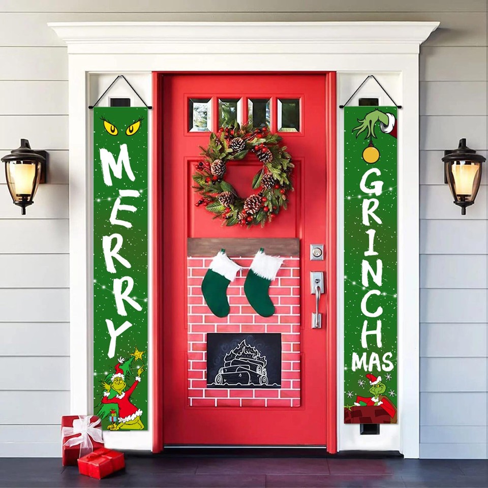 Grinch Christmas Door Cover Decoration Grinch Green Merry Christmas ...