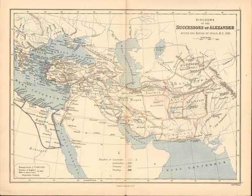 1886 ANCIENT MAP ~ KINGDOMS OF SUCCESSORS OFALEXANDER ~ BATTLE OF IPSUS ...