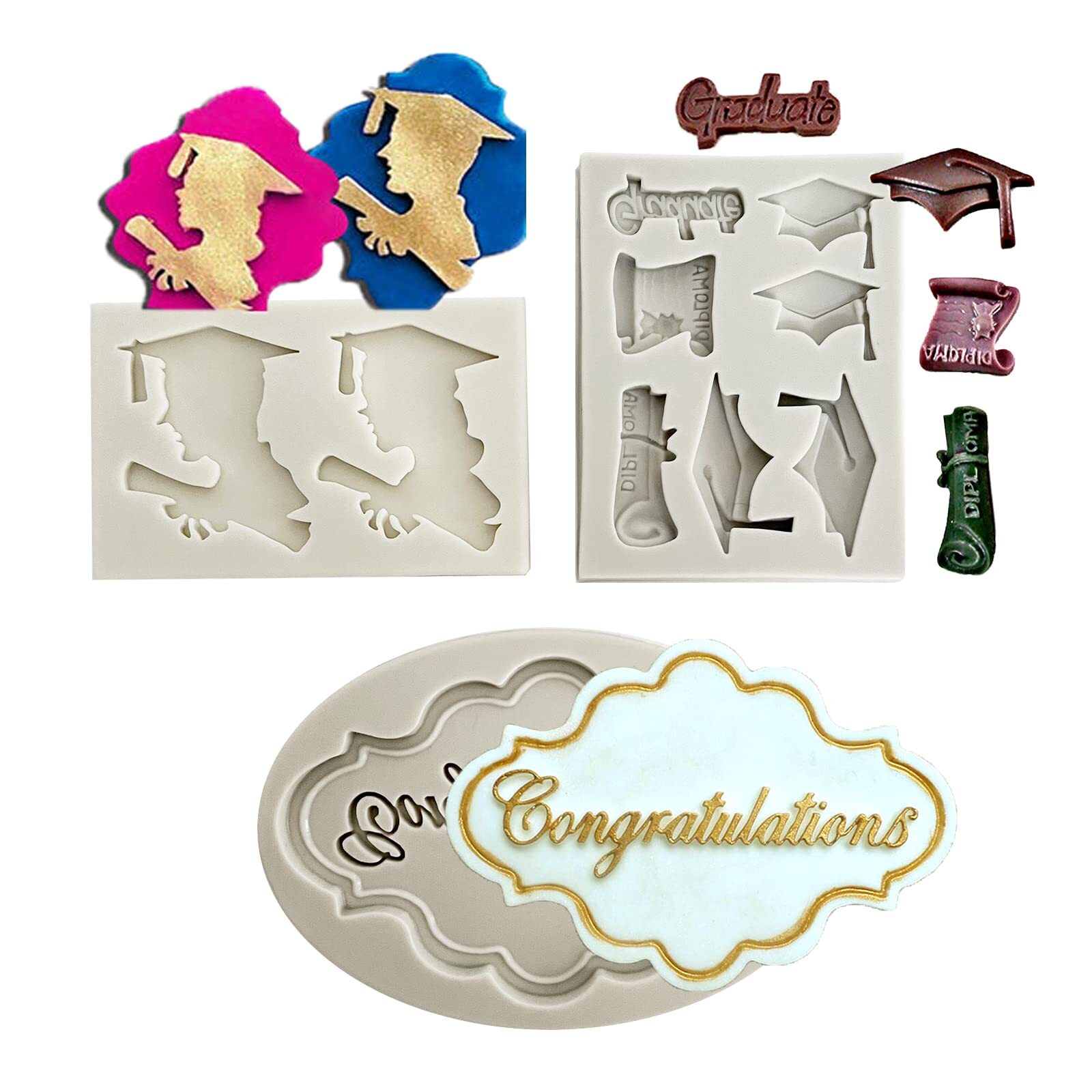 3 Graduation Candy Mold,Grad Cap Diploma Mould Doctoral Cap Congrats ...