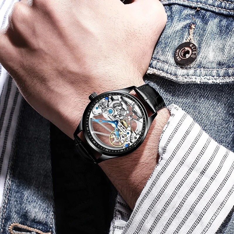 Mens Flywheel Bridge Movement Automatic Mechanical See Through ...