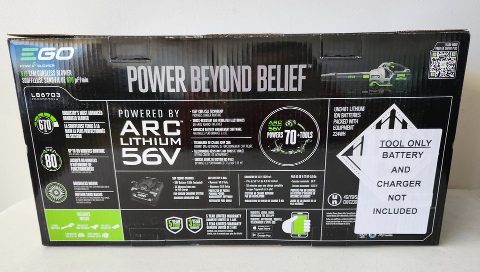 Brand New- Ego Power+ LB670 180MPH 670CFM 56V Leaf Blower- No Battery ...
