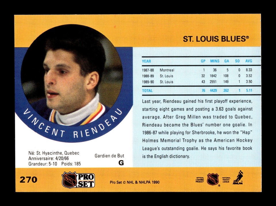Vincent Riendeau Autographed 1990-91 Pro Set Rookie Card #270 St. Louis ...