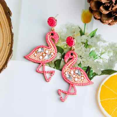 Pink Flamingo Statement Earrings Rhinestones Crystals Beaded Cruise ...