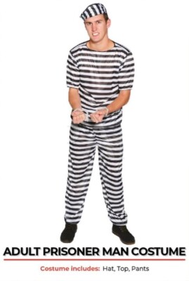 Mens Prisoner Costume Convict Jail Outlaw Black White Stripe Jumpsuit ...