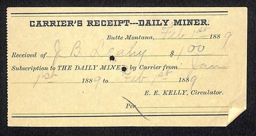 Butte Montana 1889 "The Daily Miner" Subscription Carrier's Receipt ...