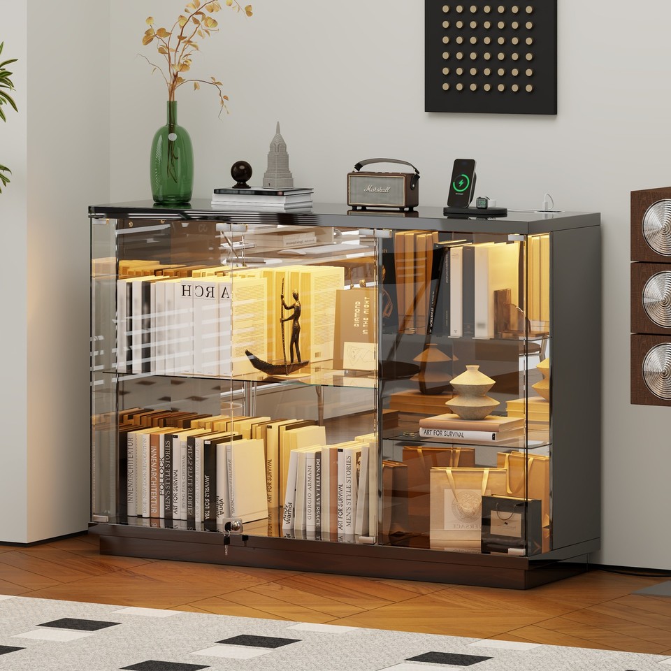 Gurexl Glass Display Cases with Human Sensor and 3 Color Lights for ...