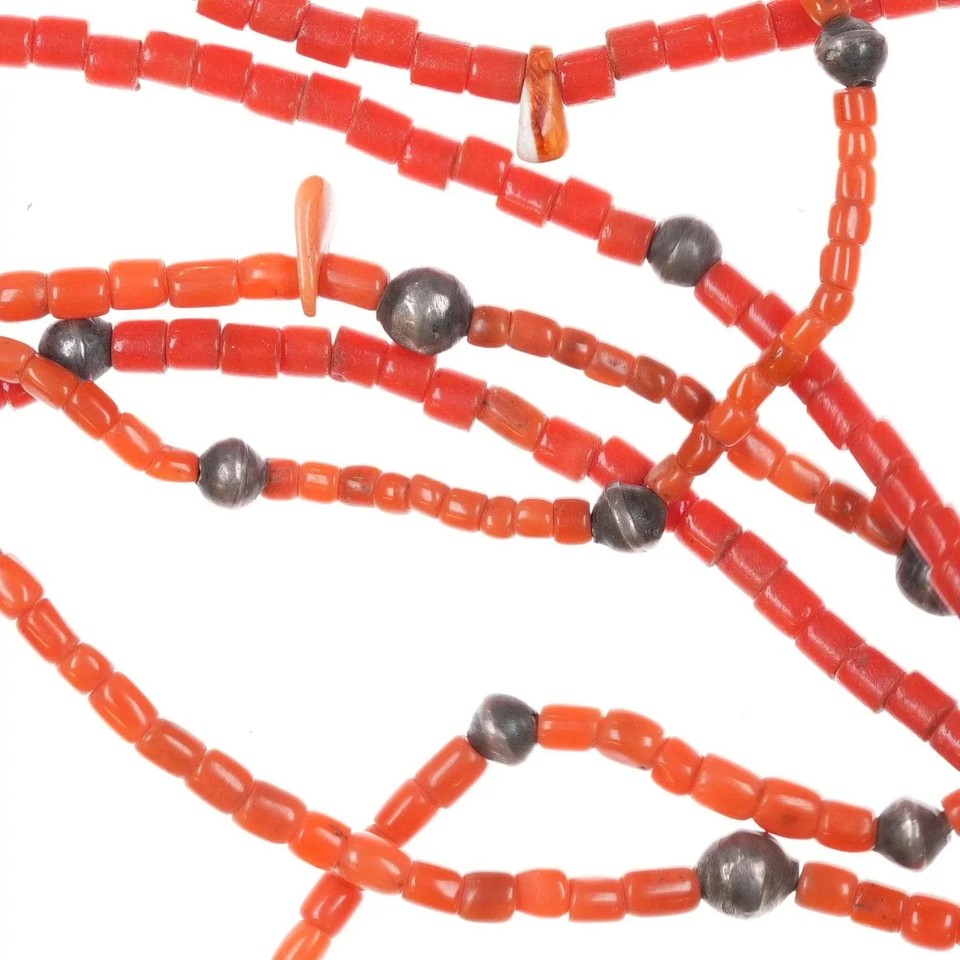 7 Strand Vintage Santo Domingo red coral necklace w/sterling silver ...