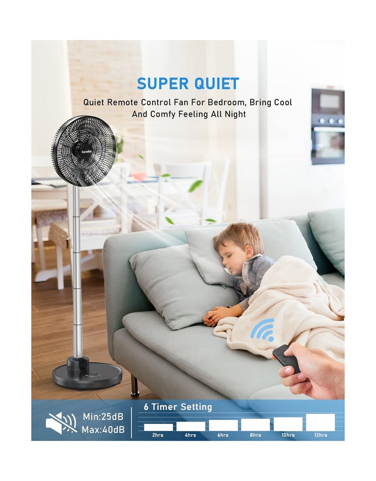 FARADAY Oscillating Standing Fan 12” Foldable Portable Quiet Floor Fan ...