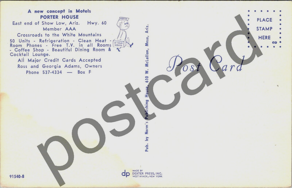 PORTER HOUSE MOTEL, Show Low, Arizona, Ross & Georgia Adams, postcard ...