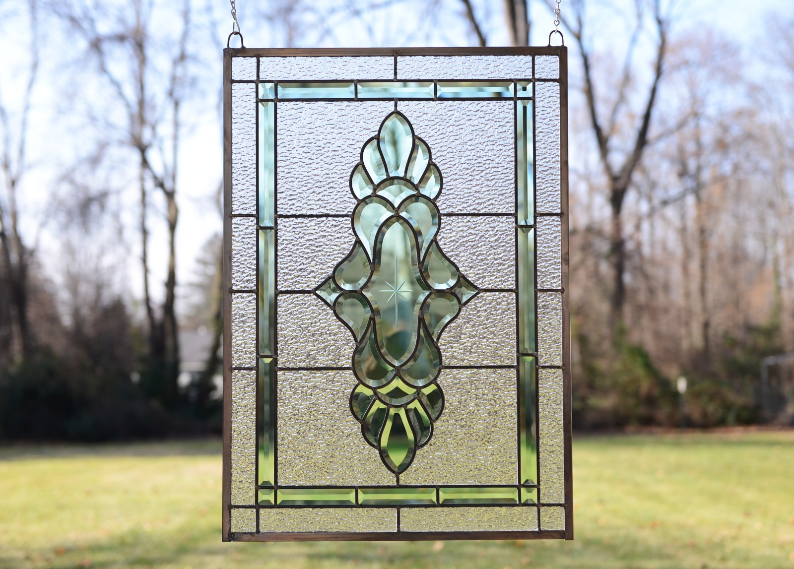 Stained glass panel green transparent Clear Beveled window panel 19" x ...