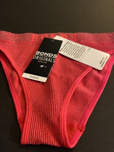 NEW! BONDS “RETRO RIB” CORAL HI BIKINI PANTIES W METALLIC THREAD/ SMALL ...