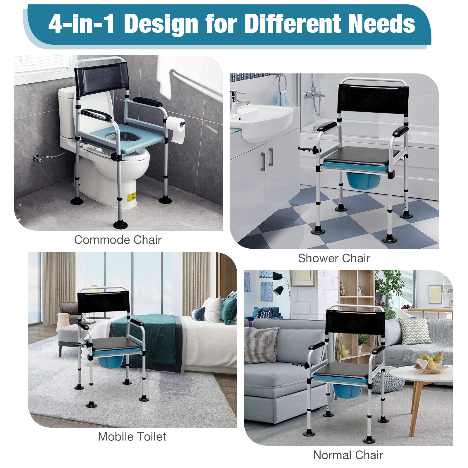 4-in-1 Folding Bedside Commode Chair for Toilet with Arms & Toilet ...