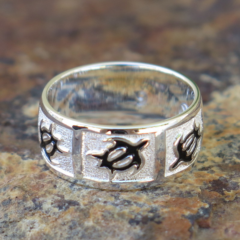 Hawaiian 925K Sterling Silver Black Honu Sea Turtle Wedding Ring Band ...