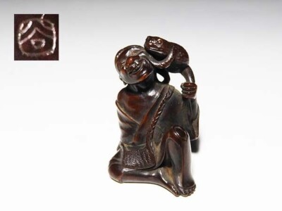 Netsuke Inro Sagemono Edo Japanese Antique Carved Wood Man with Frog ...