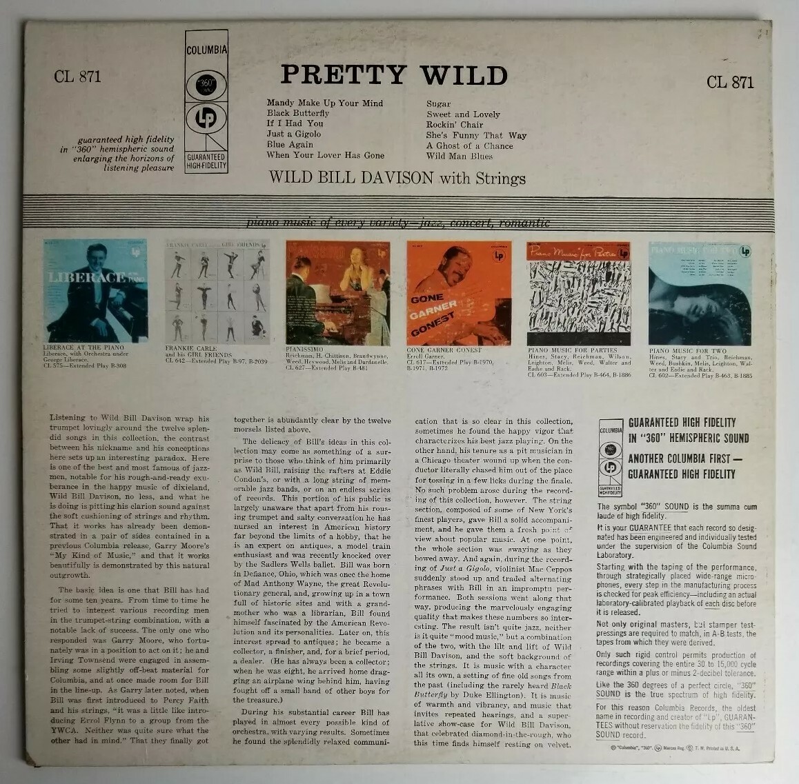 Pretty Wild Wild Bill Davison With Strings LP Columbia Records CL 871 ...