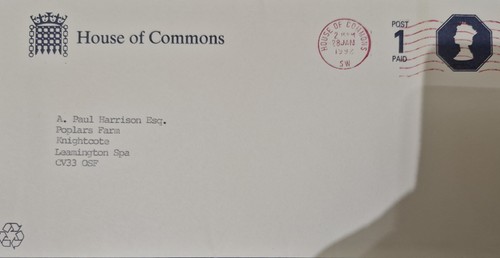 House Of Commons Stamp Addressed Envelope Postmark 28 January 1992 | eBay