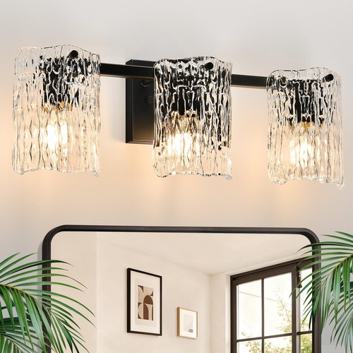 Bathroom Light Fixtures, 3-Light Vanity Lights with Water Ripple Glass ...