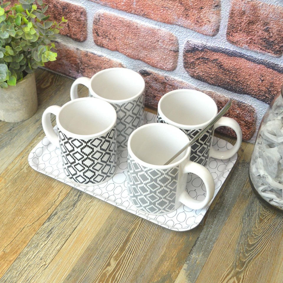 Set Of 4 Mugs Black And White Mono Geometric Coffee Mug Set Minimalist ...