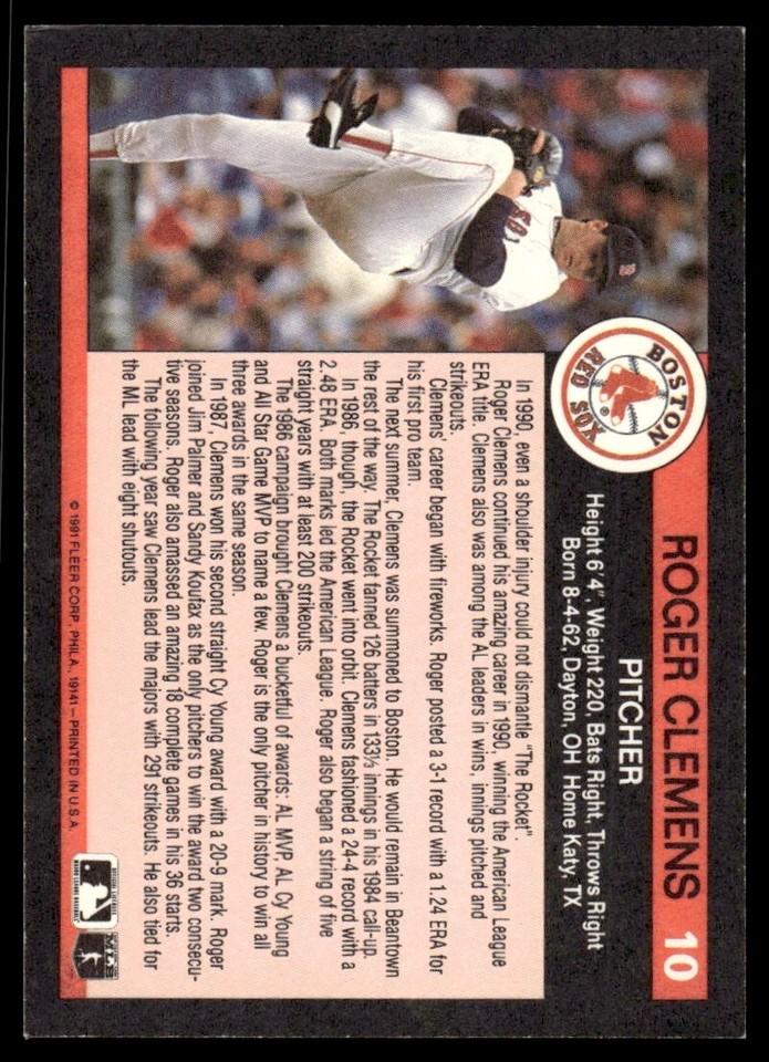 1991 Fleer Roger Clemens Baseball Card Boston Red Sox #10 | eBay