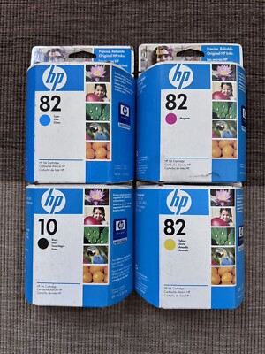 SET OF 4 HP 10 BLACK HP 82 CMY INKS 800 C4911A C4912A C4913A C4844A Exp ...