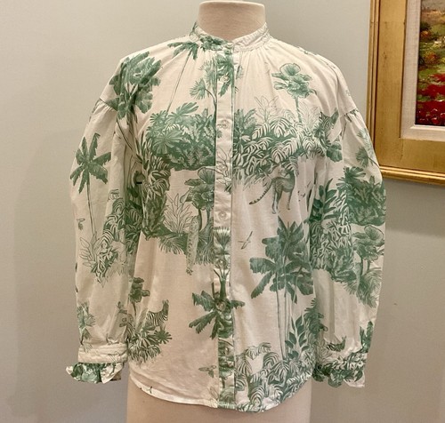 Sheridan French 100% Linen Kelly Green Toile Print Button Down Blouse ...