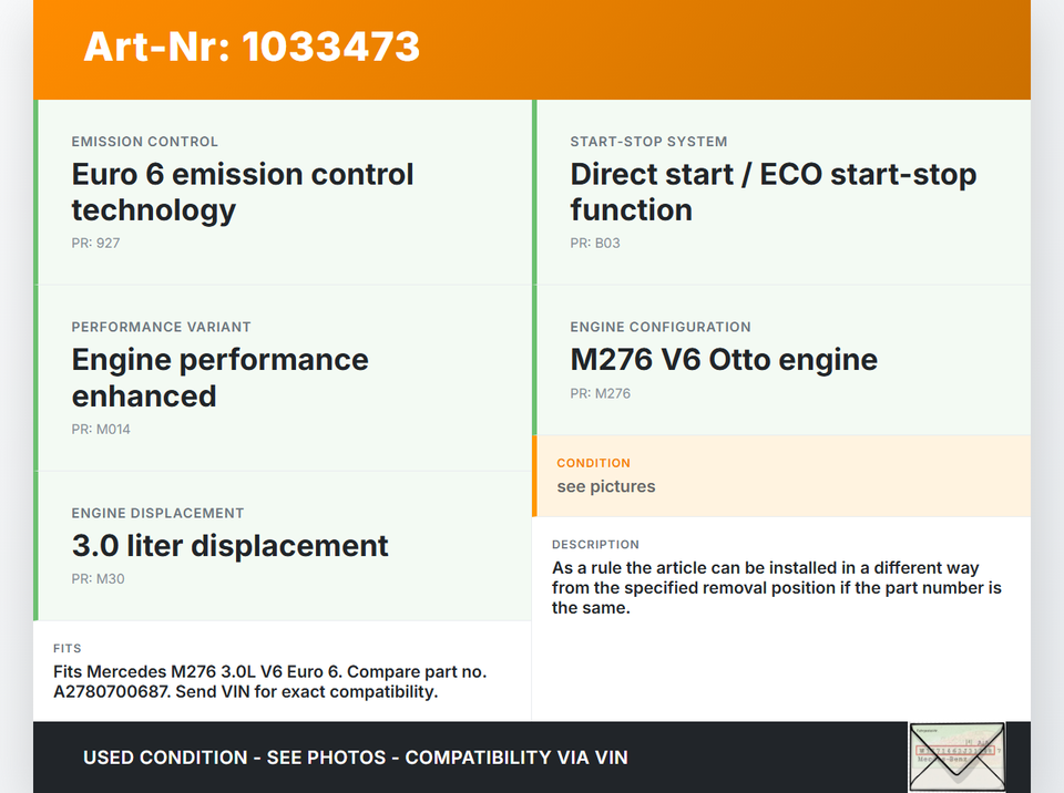 Injector PDE Nozzle Zyl.6 for Mercedes C205 C400 15-18 88TKM ...