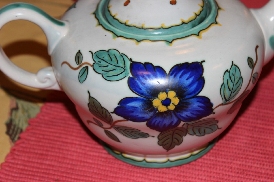 Vintage Musical Pottery Teapot Painted Flowers Bold Colors Large Teapot ...